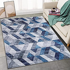 Zacoo Abstract Area Rug, Geometric Diamond Lattice Rug Moroccan Modern Area Rug Bedroom Rug Low Pile Small Throw Carpet for Living Room Dining Room Nursery, Navy/Grey, 4 x 6 Feet