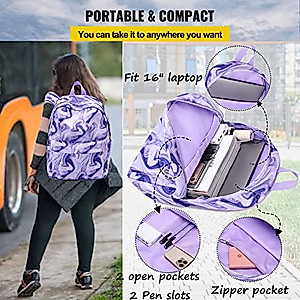Jumpopack 3 Pcs Girls Backpack Lightweight Waterproof Girls Backpack with Lunch Box 16inch Laptop Sleeve Backpack for Teen Girls School Backpack School Bag Bookbag (Marble Purple)