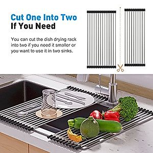 EMBATHER Roll Up Dish Drying Rack Over The Sink, Dish Drying Rack for Kitchen Counter, Multipurpose Stainless Steel Foldable Kitchen Drainer Rack with Silicone Mat, Anti-Slip,(Black, 20.8"x18.1")