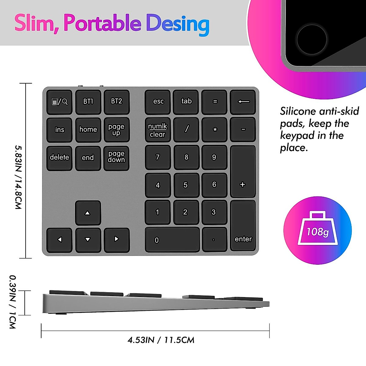 Foloda Bluetooth Number Pad: Wireless BT Numeric Keypad, Multi-Devices Rechargeable USB C Numpad, 34 Keys Financial Accounting Extensions Data Entry Keyboard for Laptop, PC, iMac, MacBook, Notebook