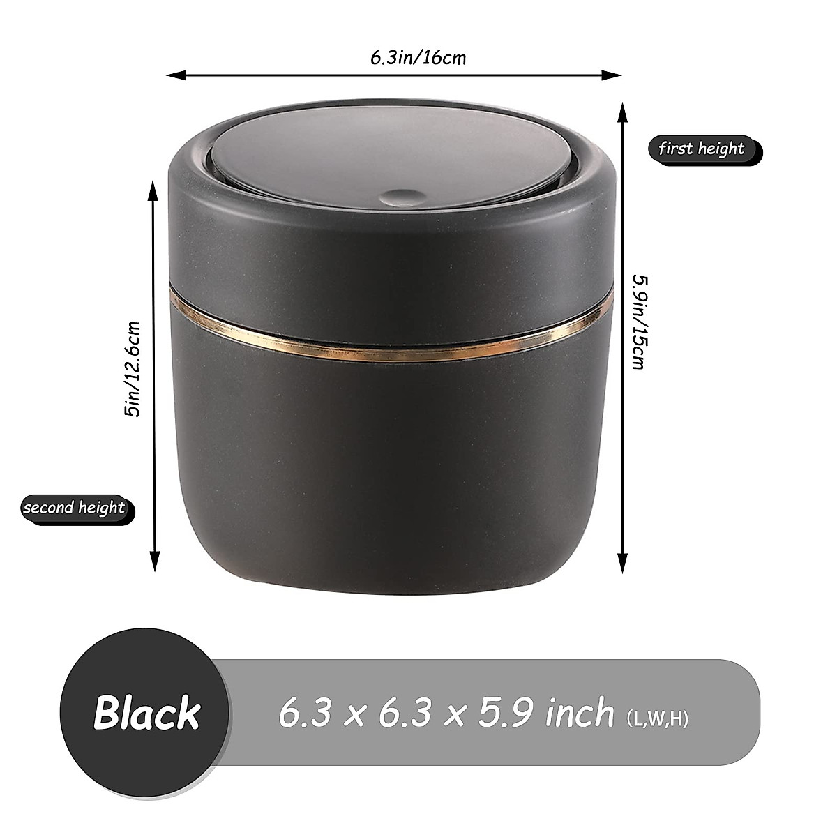 YISTOS Mini Trash Can with Lid, Black, Press-Top, Polypropylene, Desktop, Office, Vanity, Coffee Table