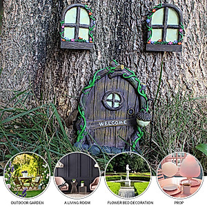 CALIDAKA 3pcs Miniature Fairy Gnome Home Window and Door Lamp for Trees Decoration,Stone Shape Glow in Dark Fairies Sleeping Door and Windows for Yard Art Garden Noctilucence Sculpture