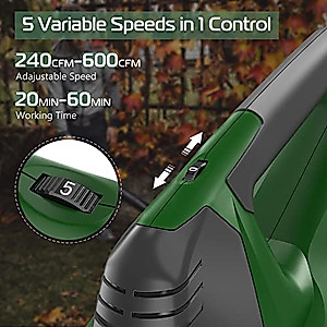 21V Leaf Blower Cordless with Battery and Charger, 5 Speeds Adjustable Cordless Battery Operated Blower for Lawn Care, Small Electric Cordless Leaf Blower with 2 Batteries Cordless Blower