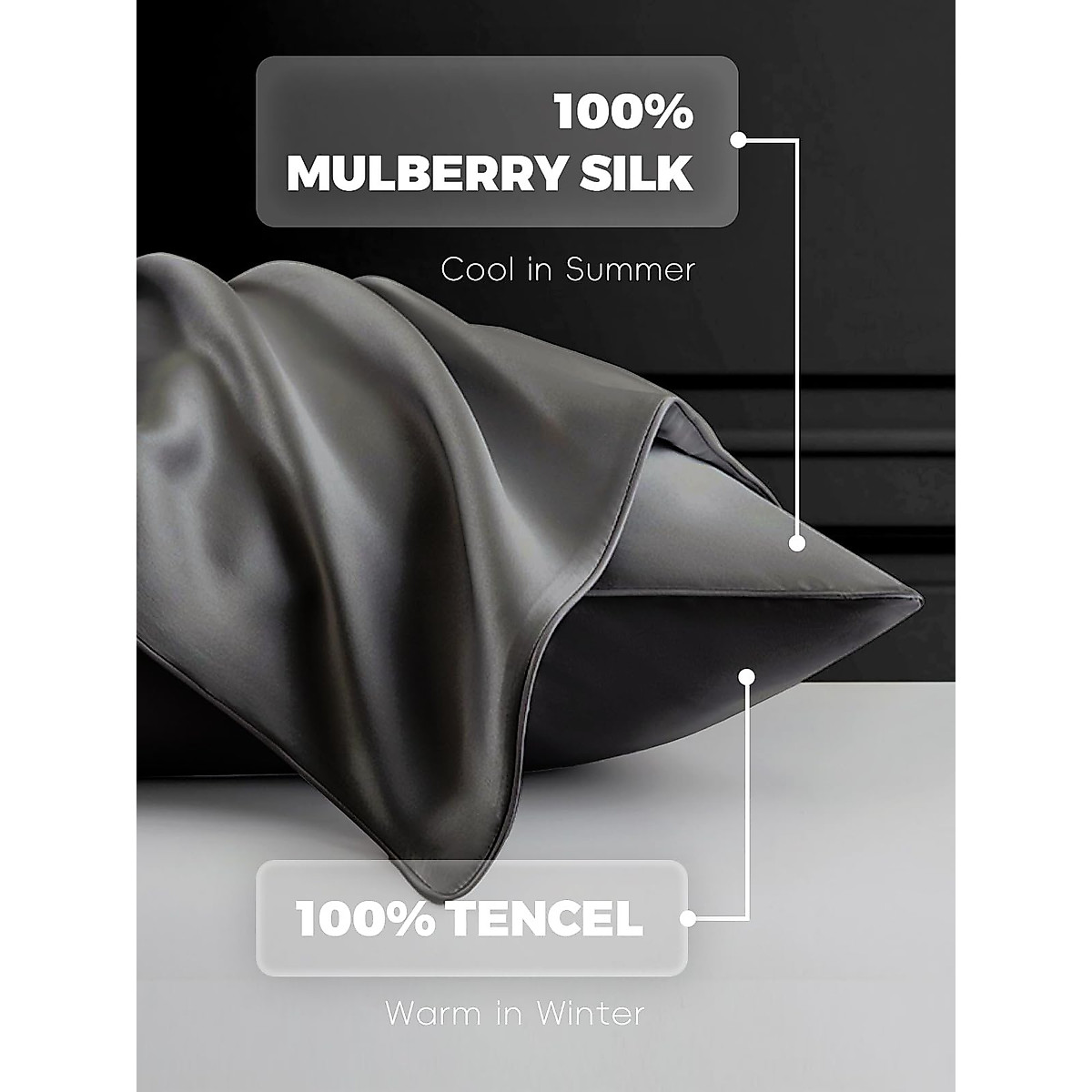Mulberry Silk Pillowcase for Hair and Skin, SGMSILK 22 Momme Natural Silk Pillow Cases with Zipper, 6A Soft and Smooth Single Sided Pure Silk Pillow Cover (Dark Gray, Queen 20"x30")