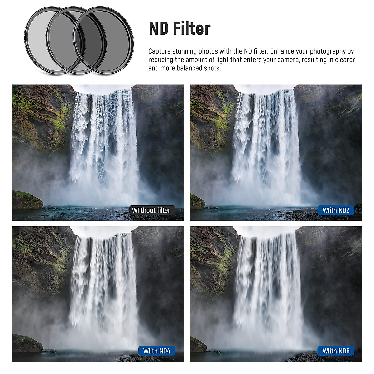 NEEWER 67mm ND/CPL/UV/FLD/Close Up Filter and Lens Accessories Kit with ND2 ND4 ND8, Close Up Filters(+1/+2/+4/+10), Tulip Lens Hood, Collapsible Rubber Lens Hood, Lens Cap, Filter Pouch