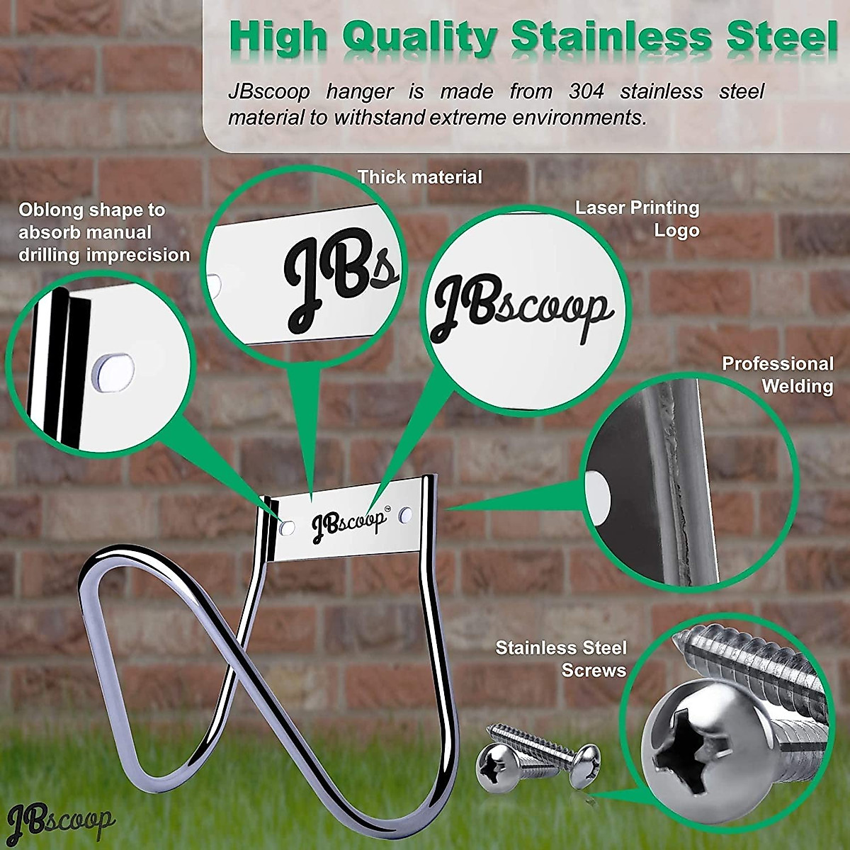 JBscoop Garden Hose Holder Stainless Steel Small Wall Mount Garden Hose Hook, Ideal for Water, Air, Hydraulic Hose, Ropes, Extension Cords Heavy Duty & Rust Proof Set of 2