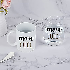 Mom Fuel Ceramic Coffee Mug＆Mom Juice Stemless Wine Glass Set of 2, Funny Mom Coffee Mug 11Oz Wine Glass 15Oz - Mother’s Day Gifts for Mom New Mom First Mom Wife, Christmas Birthday Gift from Kids