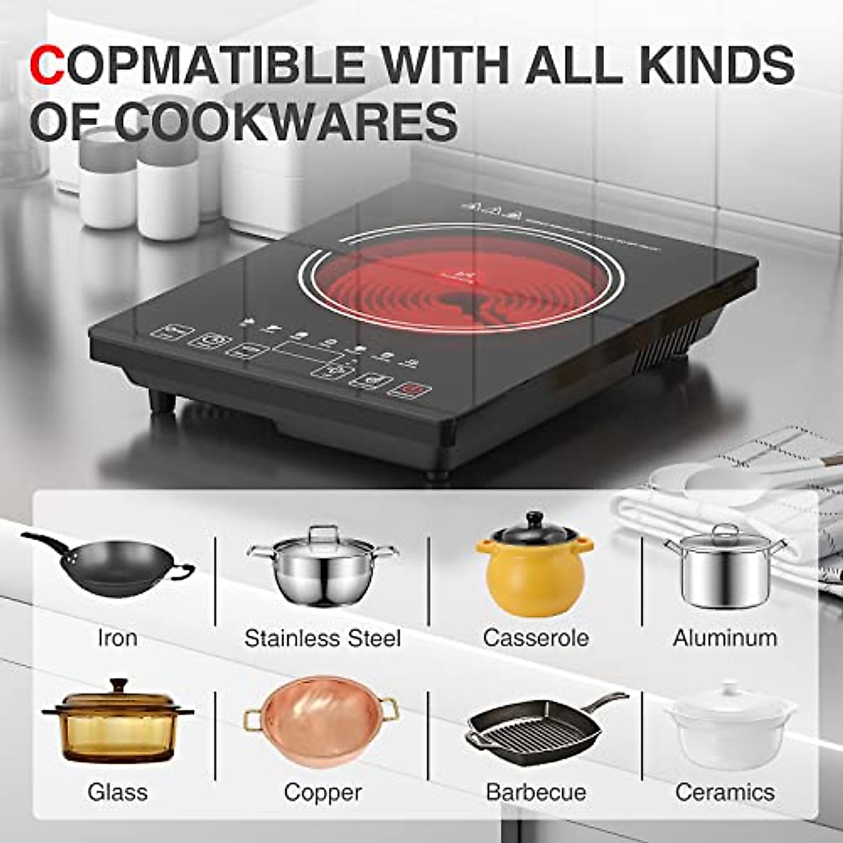 Electric Cooktop, Portable Electric Cooktop 1800W Single Burner Stove with LED Touch Screen, 8 Power & 8 Temperature Levels, Timer, Microcrystalline Panel,120V Energy Saving Hot Plate for Home Camping