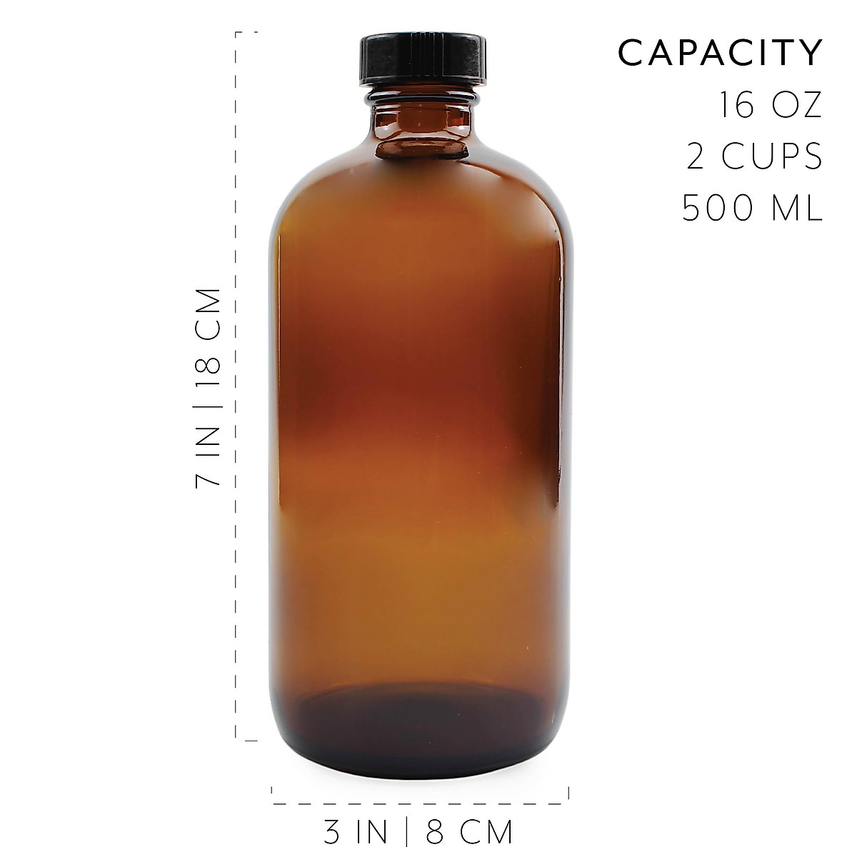 Cornucopia 16oz Amber Glass Bottles with Reusable Chalk Labels and Lids (2 Pack), Refillable Brown Boston Round Bottles, with Black 28-400 Caps