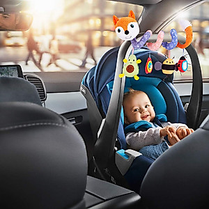 ORZIZRO Car Seat Toys, Baby Plush Spiral Hanging Toys for Stroller Crib Bar Bassinet Car Seat Mobile with Music Box BB Squeaker Rattles- Orange Fox