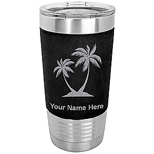 LaserGram 20oz Vacuum Insulated Tumbler Mug, Palm Trees, Personalized Engraving Included (Faux Leather, Black)