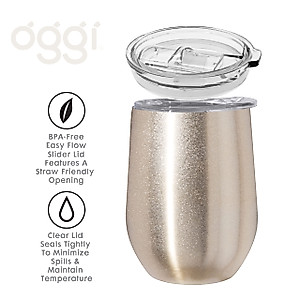 Oggi Cheers 'Celebrate Collection' Stainless Steel Insulated Wine Tumbler - Gold Sparkle, 12oz, with clear slider lid.