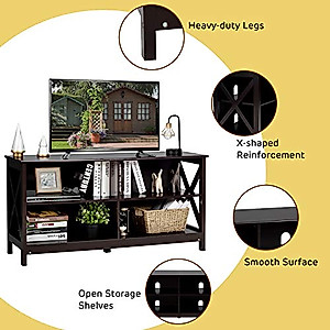 Tangkula TV Stand for TVs up to 55 Inches, 47" Farmhouse Entertainment Center with 4 Open Shelves & Built-in Cable Holes, TV Console Table with X-Shaped Frame for Living Room (Brown)