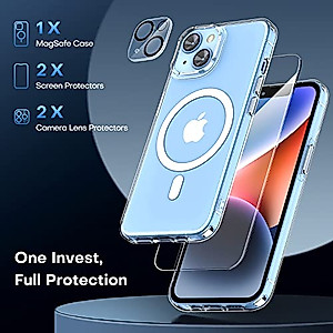 TAURI 5-in-1 Strong Magnetic Clear for iPhone 14 Case [Designed for Magsafe] with 2 Screen Protector +2 Camera Lens Protector, [Military Drop Protection] Slim Phone Case for iPhone 14 6.1 Inch