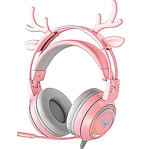 Atrasee Stereo Gaming Headset for PS4 PC Xbox One PS5 Controller, Noise Cancelling Over Ear Headphones with Mic, LED Light, Bass Surround, Soft Memory Earmuffs for Laptop Mac Nintendo (Pink Antlers)