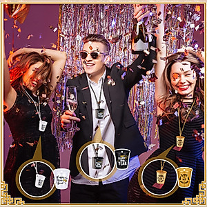 12 Pieces Happy New Year Shot Glass Beaded Necklace Plastic Shot Necklace Cups New Years Party Shot Glasses Necklace Favors for Adults and Teens New Year's Party Family Gathering Supplies, 3 Colors