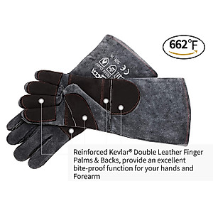 RAPICCA Animal Handling Gloves Bite Proof Double Leather Reinforced Padding Dog,Cat Scratch,Bird Handling Falcon Gloves Grabbing Reptile Squirrel Snake Bite 16in Grey-Black