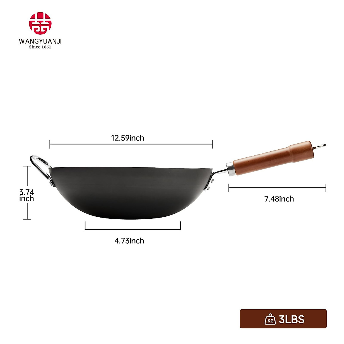 WANGYUANJI Carbon Steel Wok Pan,12.59" Woks and Stir Fry Pans with Glass Lid,Chinese Wok Flat bottom Iron wok for Induction, Electric, Gas, Suitable for All Stoves