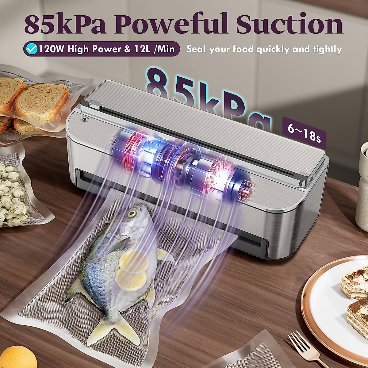Mesliese Vacuum Sealer Machine, 85kPa 120W Automatic Food Sealer, Powerful Sealing System, Build-in Cutter | Bags Storage | Moist Mode and Air Suction Hose | 2 Bag Rolls and 5pcs Pre-cut Bags