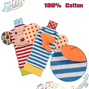 ThinkMax Wrist Foot Rattles for Baby, 8 Pcs Soft Animal Wrist Rattles and Foot Finder Socks - Elephant, Monkey, Piggy and Puppy