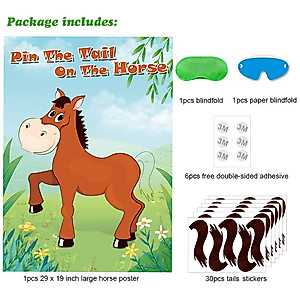 Hooqict Pin The Tail On The Horse Game for Kids Birthday Party Games Horse Theme Birthday Party Supplies for Girls Boys, Large Horse Poster with 30 Tail Stickers Horse Party Favors