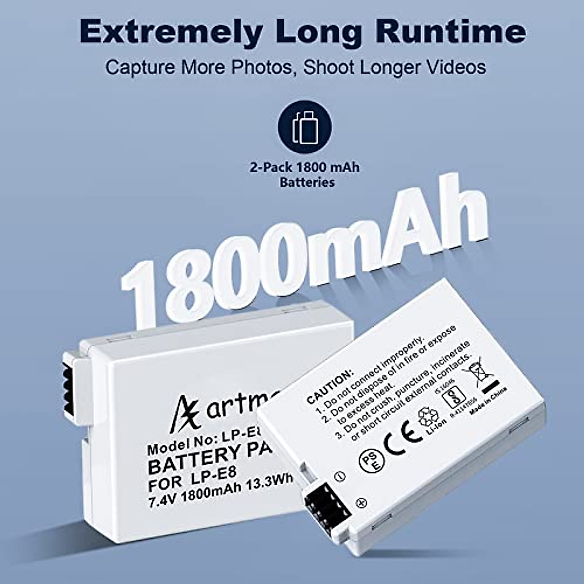 Artman Upgraded LP-E8 Battery and Dual LCD Charger Kit for Canon EOS Rebel T2i, T3i, T4i, T5i, Kiss X5, X4,X6,X6i, X7i,550D, 600D, 650D, 700D, LC-E8E Cameras &More 2-Pack 1800mAh (Not for T2 T3 T4 T5)