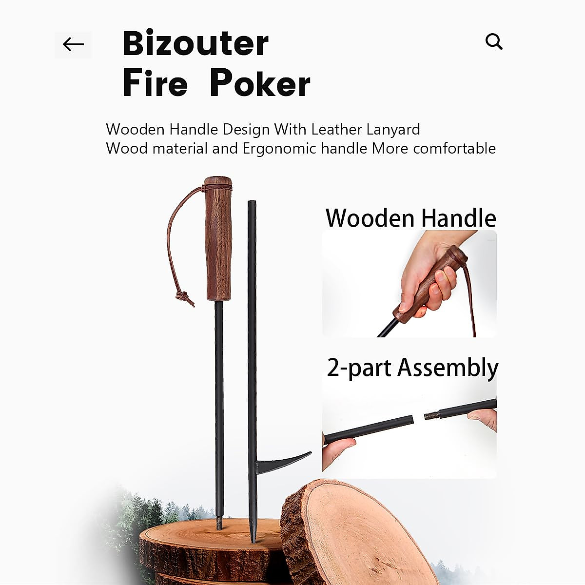 BIZOUTER Fire Poker 34inch 2 in 1 Foldable Fire Poker & Blow Stick Fireplace Tool with Wooden Ergonomic Handle, Portable Fire Pit Poker for Campfire,Wood Burning Stove & BBQ
