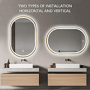 TheiaMo Oval LED Bathroom Mirror, 36"x24" Lighted Wall Mounted Vanity Mirror with Metal Frame, Anti-Fog IP66 Waterproof Smart Mirror, Memory Function,3000-6000K(Horizontal or Vertical), Gold