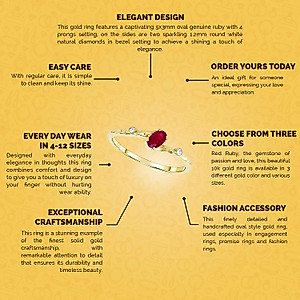 Takar 10k Gold Dainty Diamond and Genuine Oval-Shape Solitaire Ruby Birthstone Ring, Red Gemstone Promise Ring, Stackable Gold Ring For Women, Fine Gold Jewelry Gift Made In USA.