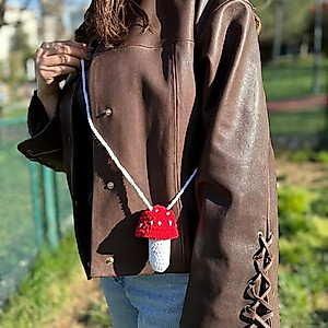 Crochet Mushroom Pouch, Handmade Mushroom Pouch Chapstick Holder – Festival Pouch Necklace – Crochet Handmade Case Pendant, Lanyard for Lip Balm (Red)