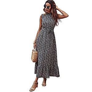 SweatyRocks Women's Floral Sleeveless Ruffle Hem A Line Midi Dress Mock Neck Belted Dresses Blue White S