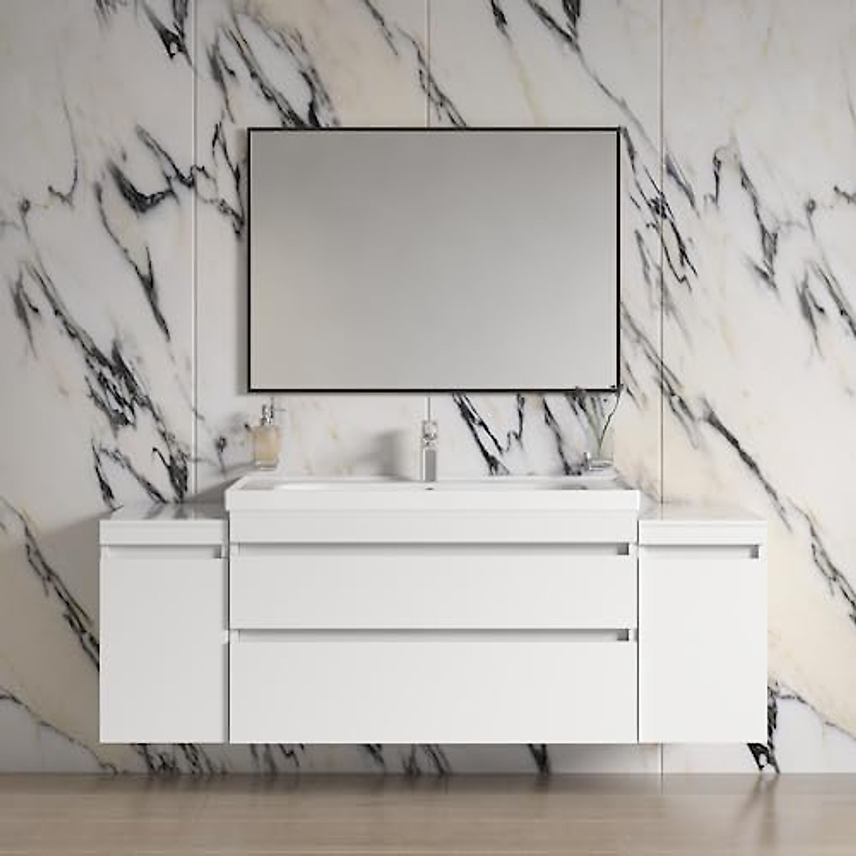 Modern Wall-Mounted Bathroom Vanity with Washbasin | Niagara White High Gloss Collection with Side Vanity Cabinet | Non-Toxic Fire-Resistant MDF-44 (32+12)-Omega Collection 24"