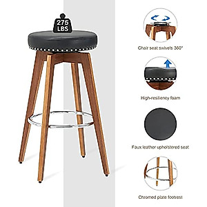 Glitzhome Swivel Bar Stools Set of 4, Round Backless Leather Padded Seat and Veneer Walnut Composite Wood Legs Finish Modern Accent Chair for Home Kitchen Island, Balck