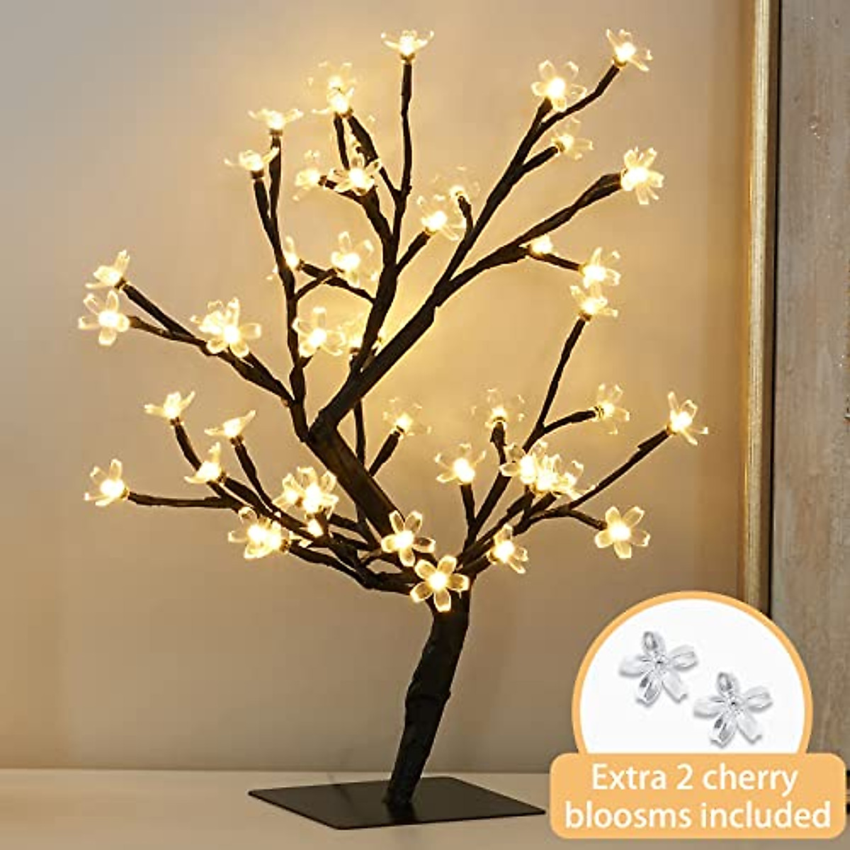 PEIDUO 17.5” Lighted Cherry Blossom Tree 48 Warm White Lights Plug in Adapter Light up Bonsai Tree for Christmas Indoor Home Bedroom Office Living Room Tabletop Tree Night Light Artificial Plants