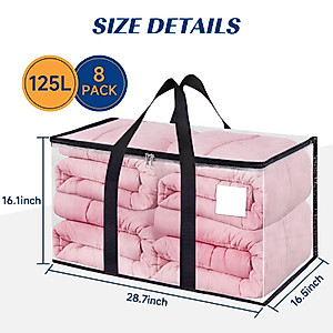 BlissTotes Moving Bags, 8-Pack Storage Bags with Zipper, Moving Bags Heavy Duty Extra Large, Moving Supplies, Clear Packing Bags, Reinforced Handles and Tag Pocket & Collapsible Moving Bags (125L)