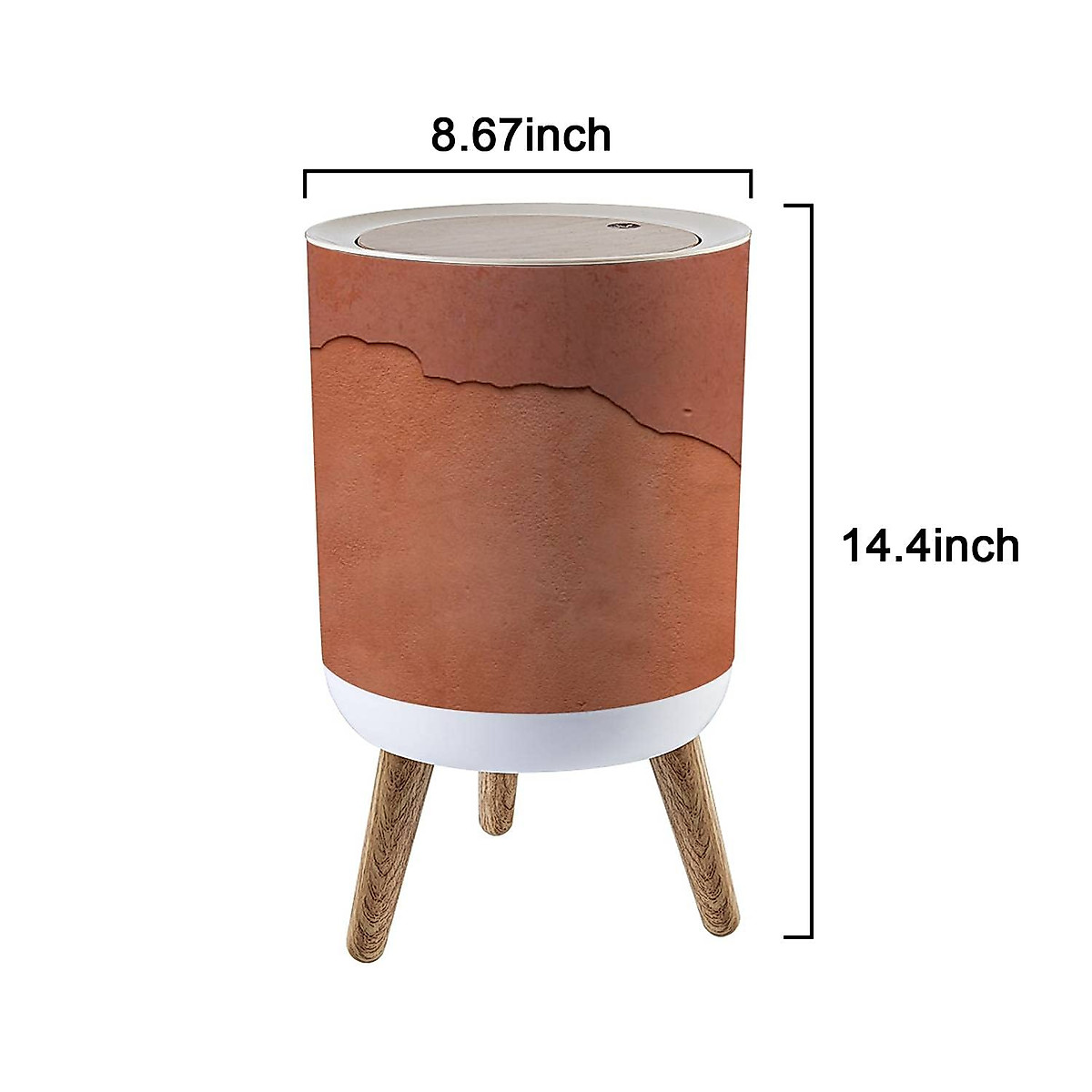 SHL96PZGX Small Trash Can with Lid Old Terracotta Painted Stucco Wall with Cracked Plaster Backgro with Wood Legs Wastebasket Round Garbage Bin for Kitchen, Bathroom, 1.8 Gallon - 7L