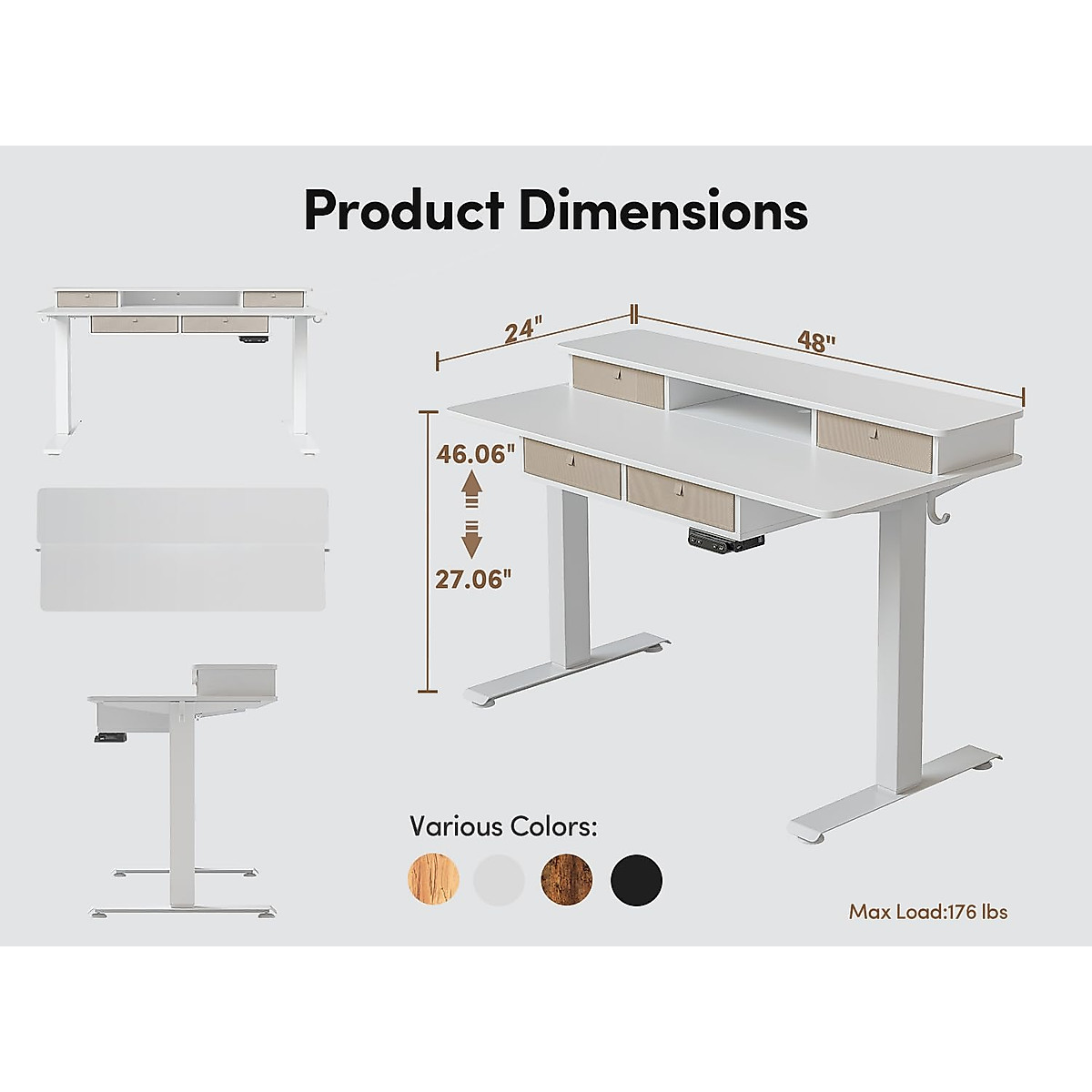 BANTI Height Adjustable Electric Standing Desk with 4 Drawers, 48 x 24 Inch Table with Storage Shelf, Sit Stand Desk, White Top