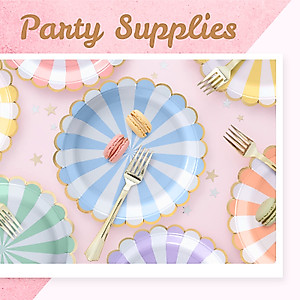 Confettiville Party Paper Plates, 50-Pack, Disposable Paper Plates, Gold Foil Scalloped Edge, Striped Pastel, 6 Colors, 9-Inch