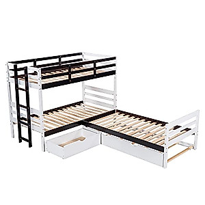 P PURLOVE Twin Over Twin & Twin Bed Bunk with Trundle, Drawer and Ladder, L-Shaped Bunk Bed Frame with Wooden Slat Support and Full-Length Guardrails, No Box Spring Needed (White)