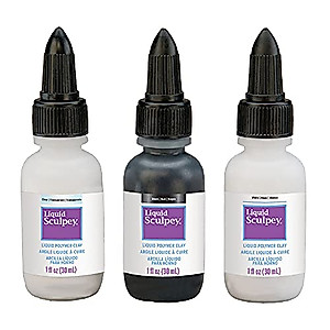 Polyform Liquid Sculpey Liquid Polymer Oven-Bake Clay, Classic Sampler Pack, Three 1 oz. bottles included, White, Black and Clear colors, Great for jewelry, holiday, DIY
