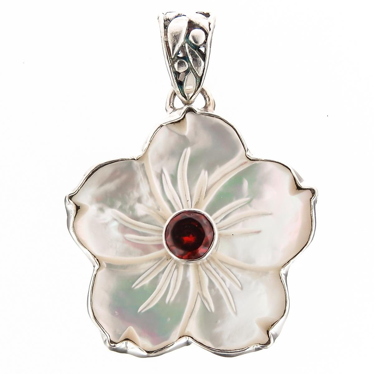 White Mother of Pearl Flower Shell Garnet 925 Sterling Silver Pendant, 1 7/16"