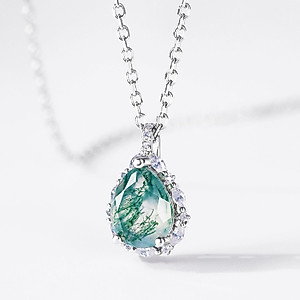 WES Necklace for women, Natural Moss Agate 925 Sterling Silver Pendant Necklace For Birthday Green Gems Engagement Wedding Jewelry Gift Teardrop