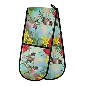 Humming Birds Flowers Double Mitt Animals Plants Heat Insulation Oven Mitts Fabric Kitchen Gloves for Pot Holder Cooking BBQ Baking Decor Gifts