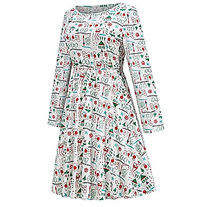 Christmas Dresses for Women Fashion Bow Belt Long Sleeve Crew Neck Fall Costume Casual Printing Plus Size Pleated Dress White