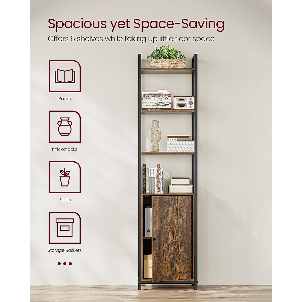 VASAGLE 6-Tier Bookshelf, Tall Bookcase with Door, Steel Frame, Adjustable Shelves, 9.4 x 15.7 x 62.8 Inches, Living Room Bedroom, Rustic Brown and Ink Black ULLS132K01