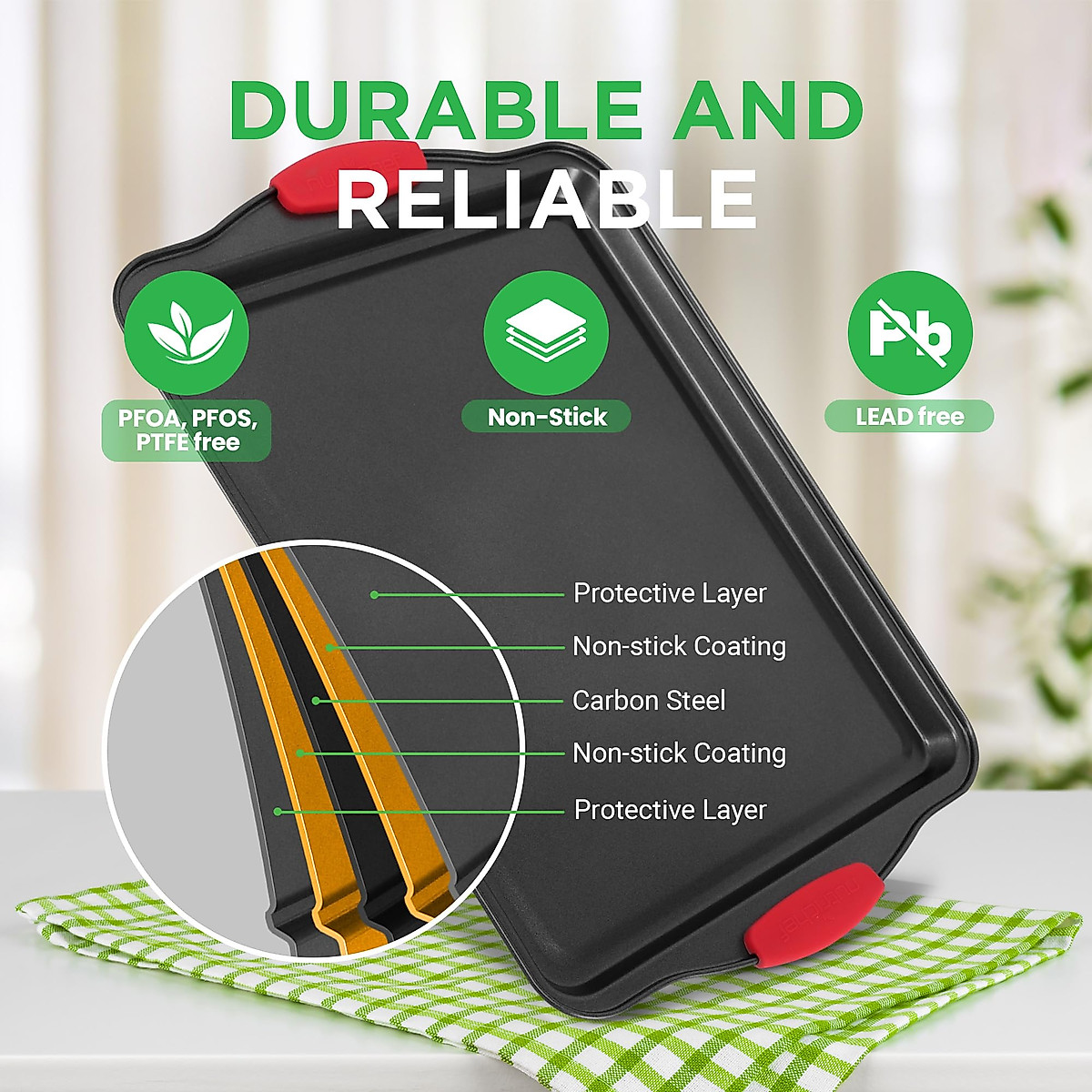 NutriChef Non-Stick Kitchen Oven Baking Pans-Deluxe & Stylish Nonstick Gray Coating Inside & Outside, Commercial Grade Restaurant Quality Metal Bakeware with Red Silicone Handles NCSBS3S, 3 Piece Set