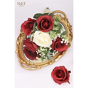 N&T NIETING Artificial Flowers, 20Pcs Silk Rose Fake Flowers with Stems Bridal Wedding Bouquet Baby Shower Home Garden Party Decoration, Dark Red