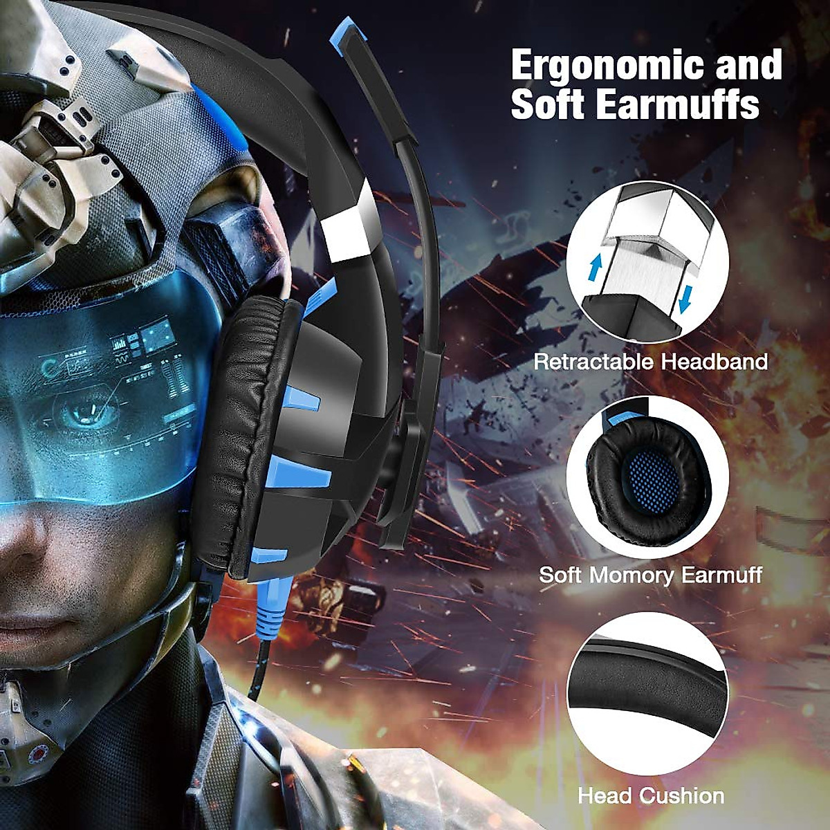 Gaming Headset for Xbox One, PS4, PC, Y-Team Gaming Headphone with Noise Cancelling Mic, 3D Stereo Surround Sound, Soft Earmuff, LED Light Compatible Mac, Laptop, Switch, PS3(Blue)