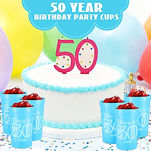 Roshtia 40 Pcs Summer 50th Birthday Cups Cheers to 50 Years Plastic Stadium Cups 16 oz Blue White Party Cups for Birthday Decorations Party Favors Supplies Wedding Anniversary