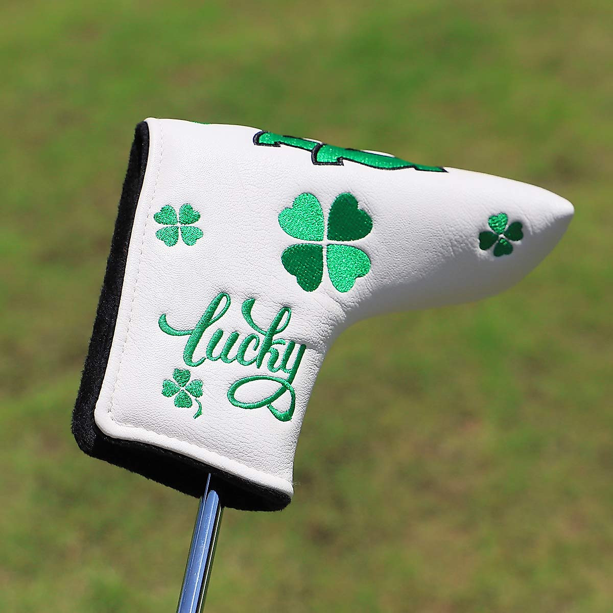 Lucky Green Clover Shamrock Golf Blade Putter Cover Headcover Club Protective Golf Accessories for Men,Soft Synthetic Leather,for Scotty Cameron,Odyssey,Taylormade in White